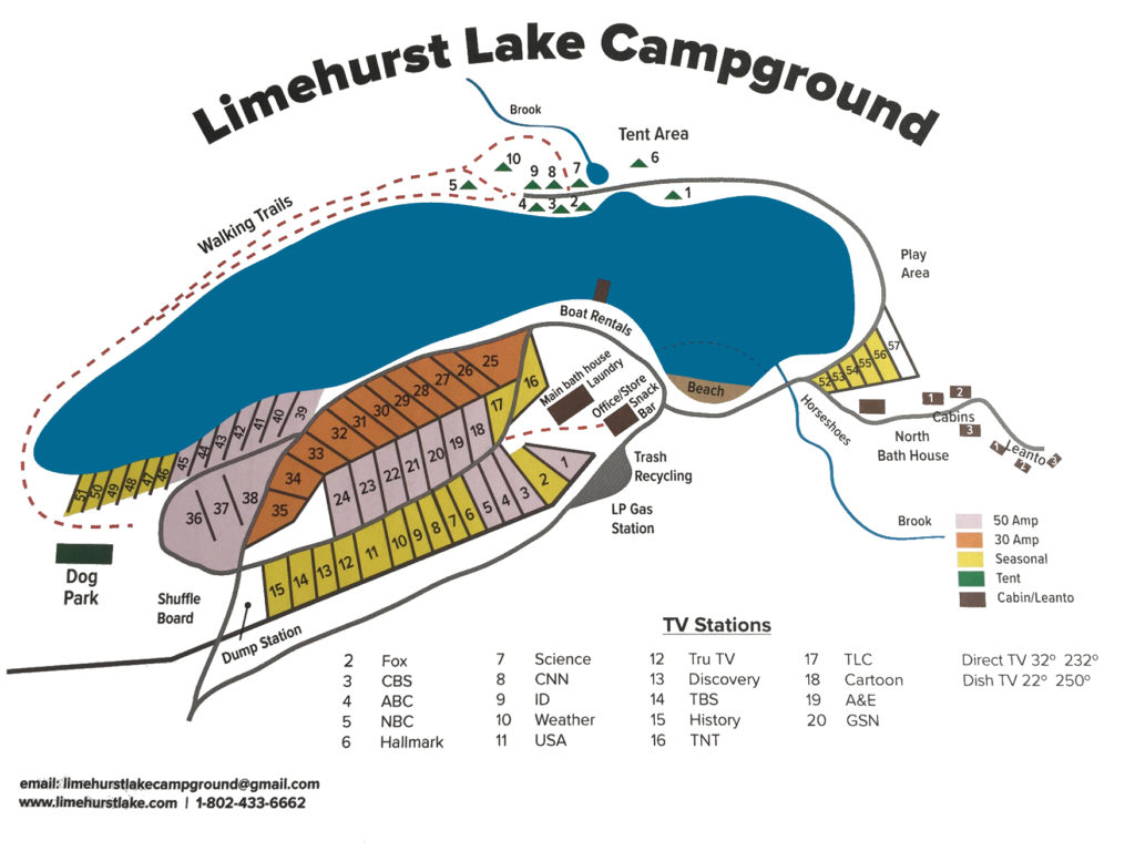 Camp Map - Limehurst Lake Campground - Williamstown, Vermont